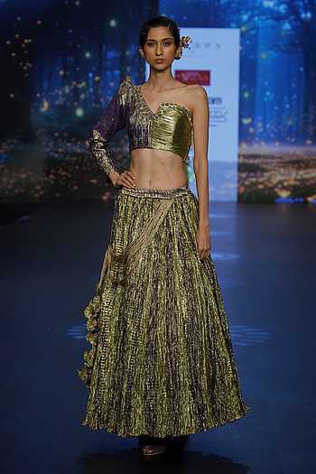 Buy Green Lehenga And Blouse Metallic Tissue Asymmetric Set For Women ...