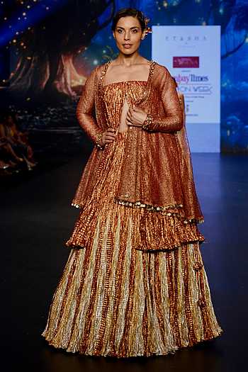 Buy Orange Kurta And Lehenga Metallic Tissue Placement Embellished ...