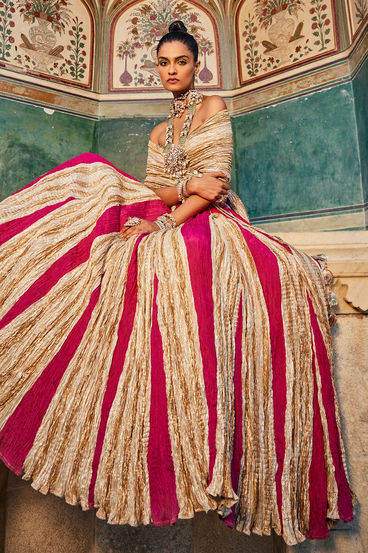 Buy Pink Lehenga Metallic Tissue And Silk Placement Two Tone Textured ...