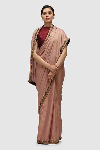 Buy Pink Munga Silk With Zari Embroidered Sequin Closed Neck Chitrani ...