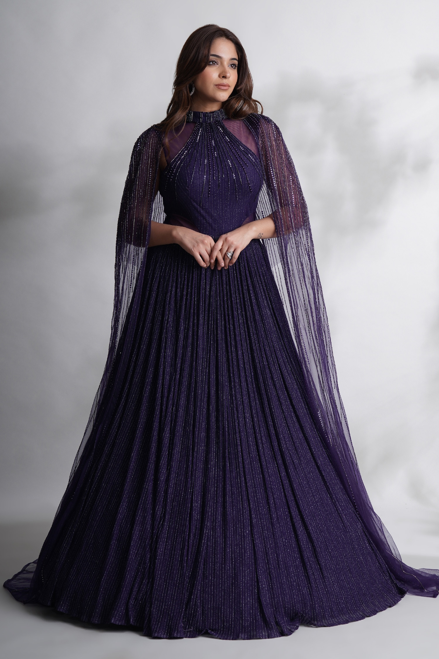 Buy Purple Net Embroidered Cut Dana Cape Open Stone Embellished With ...