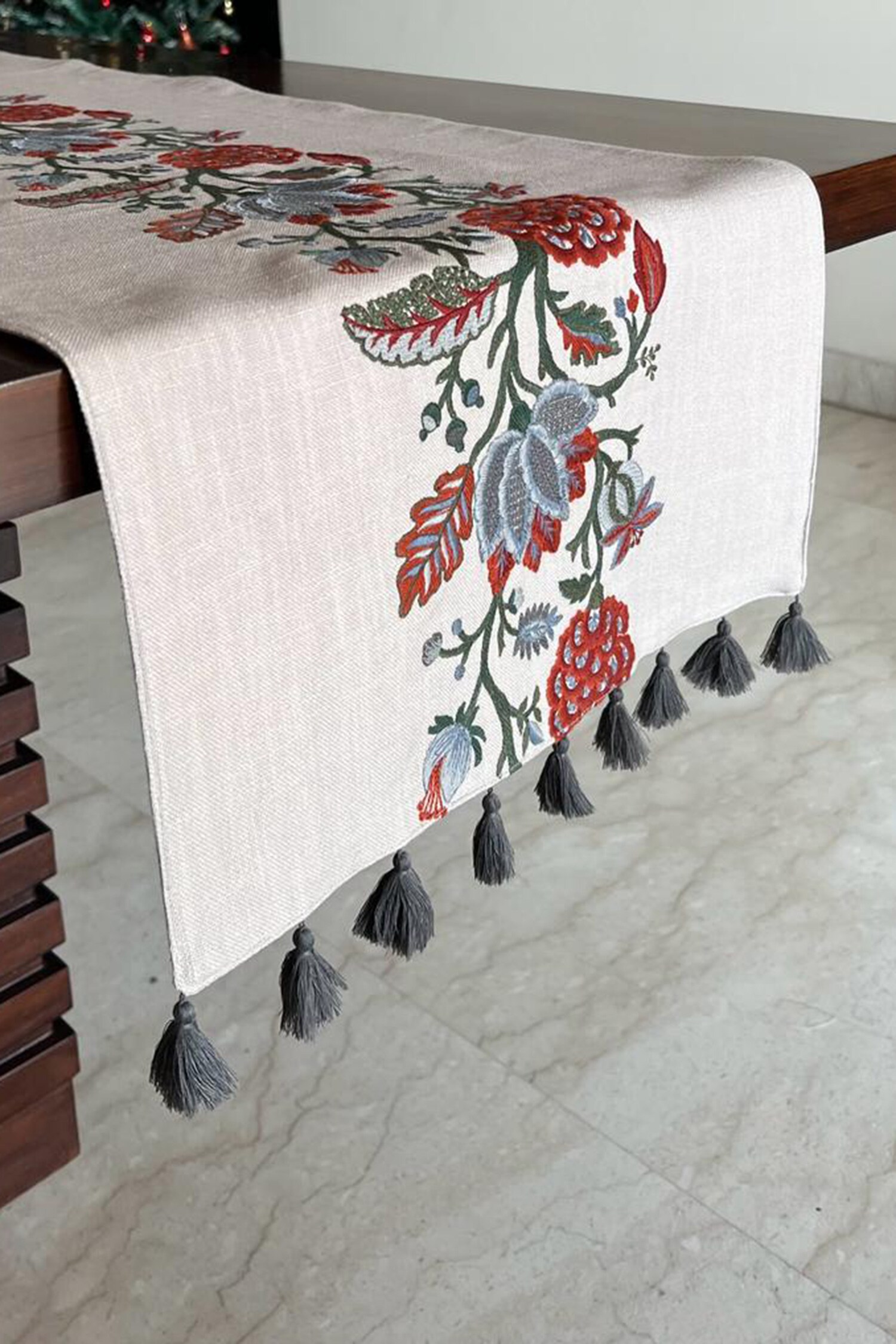 Buy Grey 100% Cotton Floral Embroidered Table Runner by House of Inari ...