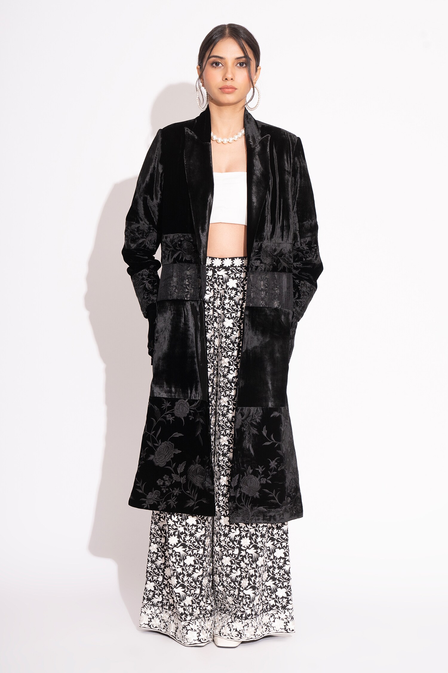 Buy Black Silk Velvet Embroidery Bahar Open Neck Overcoat For Women by ...