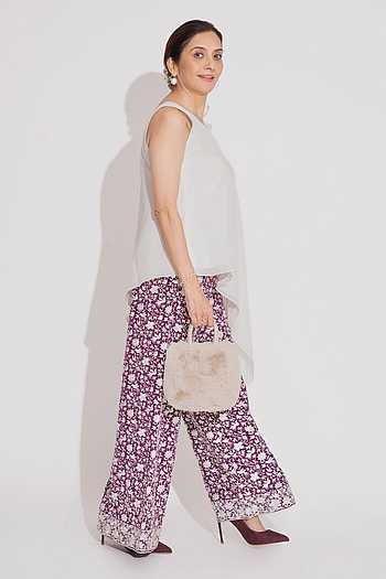 Buy Purple Pure Silk Crepe Embroidery Parsi Bloom Flared Pant For Women ...