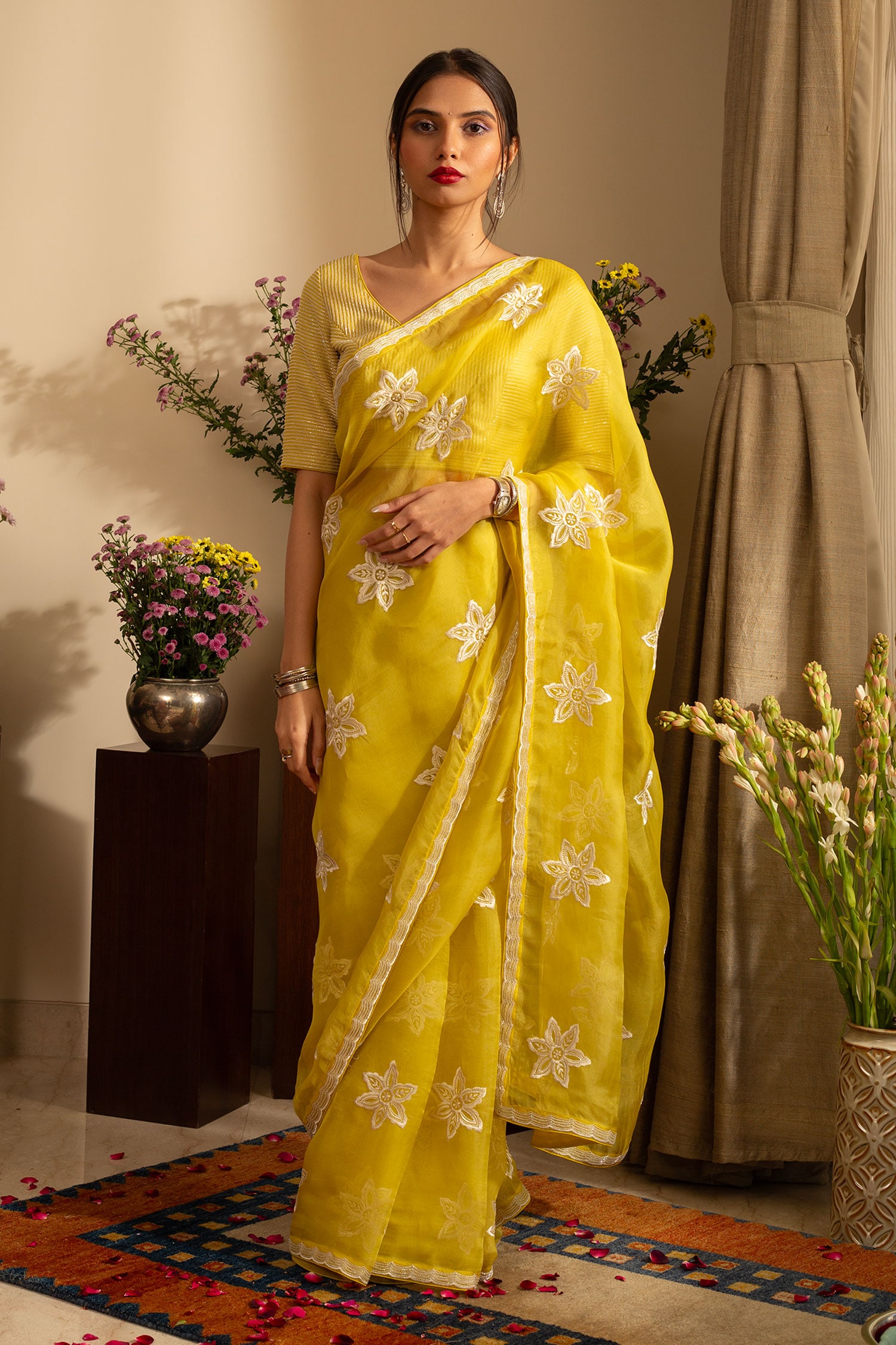 Buy Yellow Pure Silk Organza Embroidery Phool Nargis Saree Set For ...
