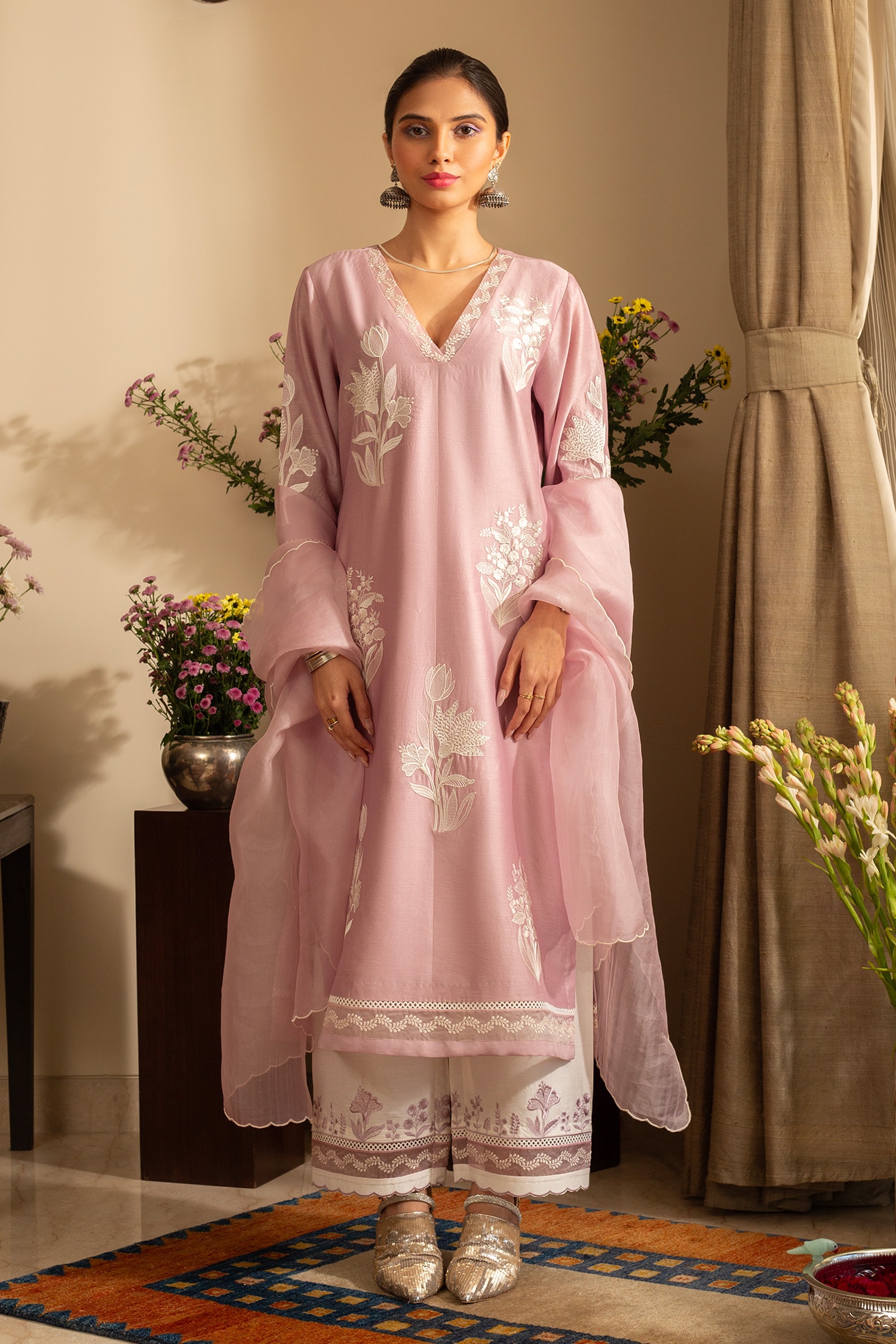 Buy Purple Kurta Pure Silk Chanderi Embroidered Floral V Neck Chandni ...