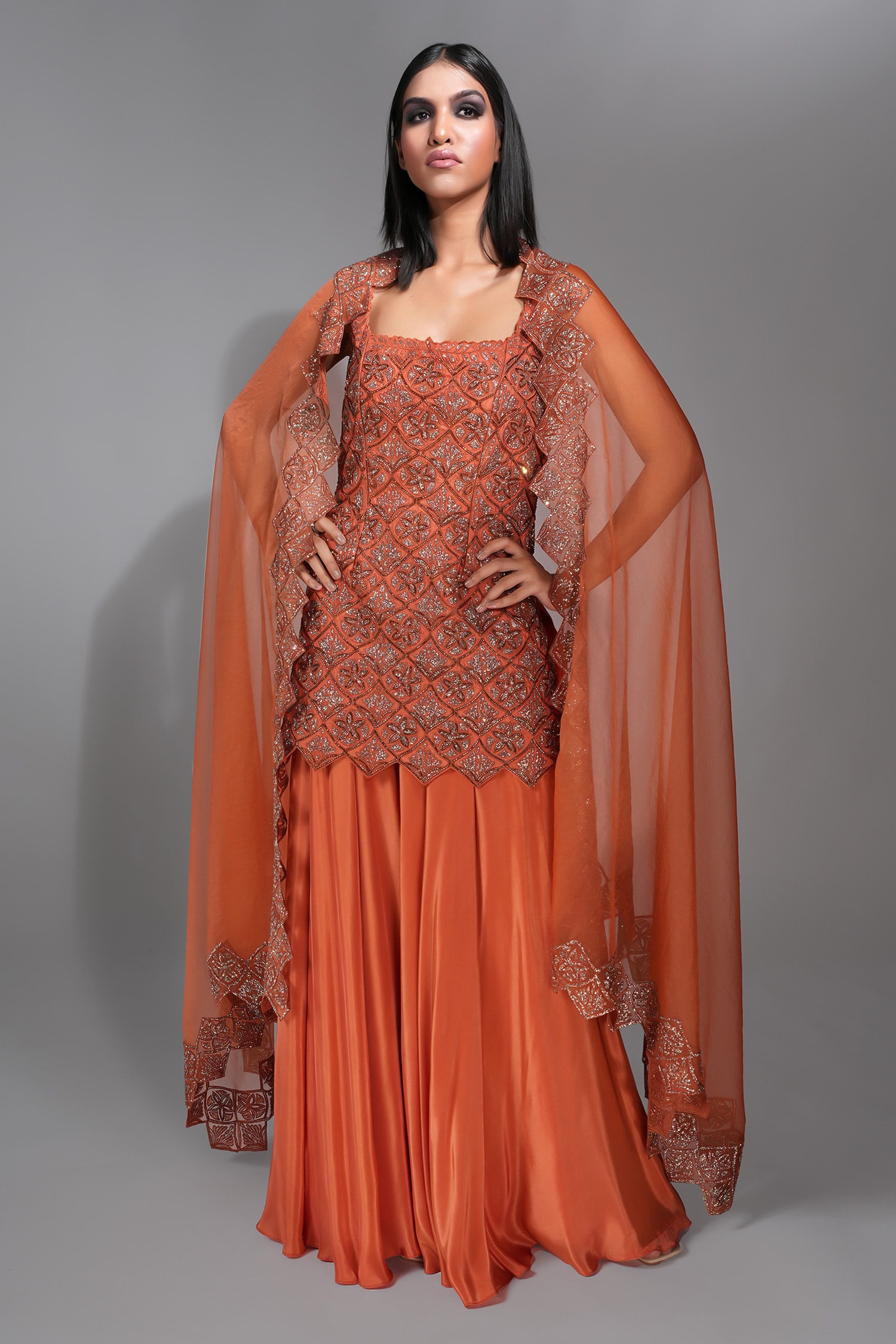 Buy Orange Kurta Silk Embroidered Zari Square Sharara Set For Women by ...