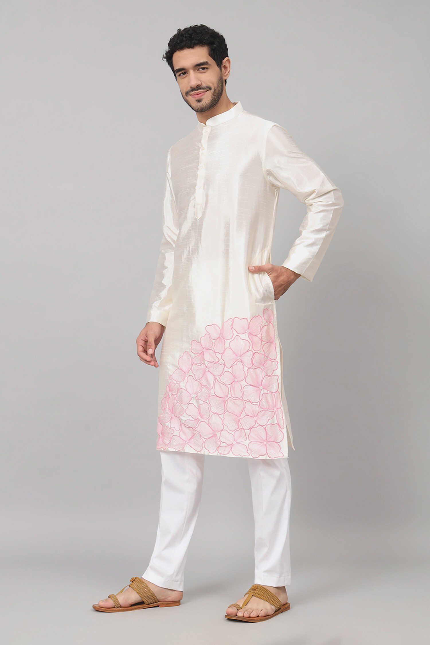Buy Off White Semi Raw Silk Embroidery Thread Petals Floral Kurta For Men by Hilo Design Online ...
