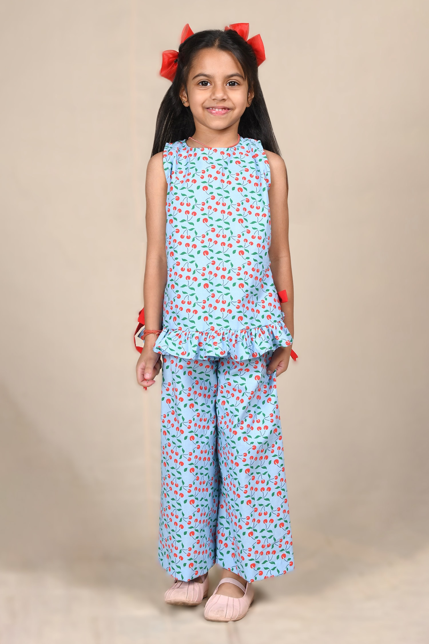 Buy Blue Cotton Printed Cherry Top And Pant Set For Girls by ...