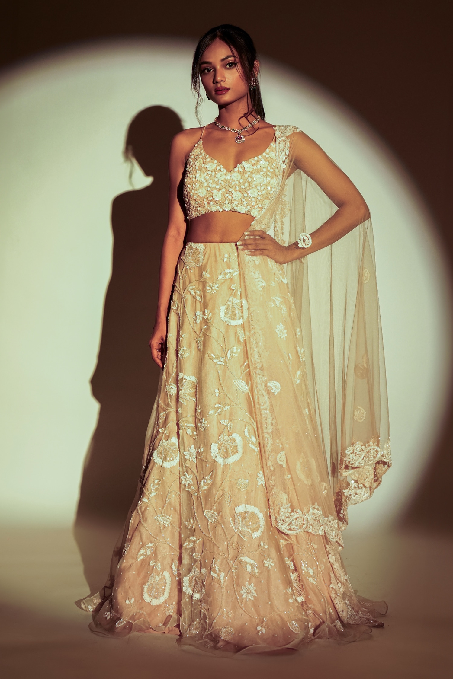 Buy Peach Tulle And Organza Hand Embroidery Floral Paan Neck Bloom ...