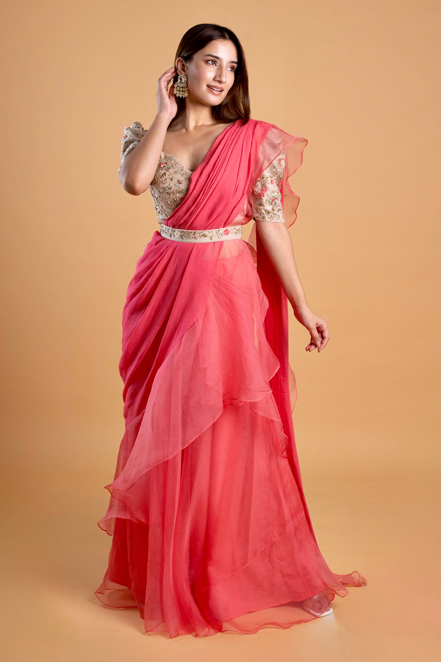 Buy Pink Organza And Georgette Embroidery Floral Zinnia Pre-draped Saree With For Women by ...