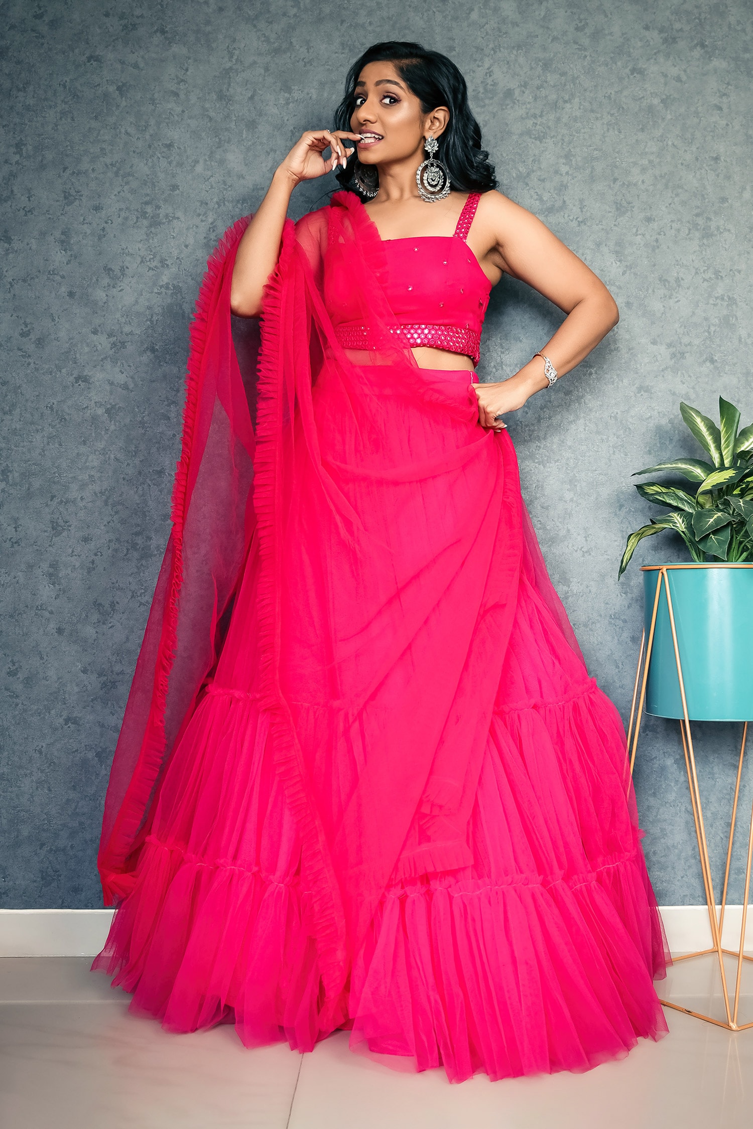 Buy Pink Net Embroidery Mirror Square Neck Tiered Lehenga Work Blouse Set For Women by Dajwaree ...