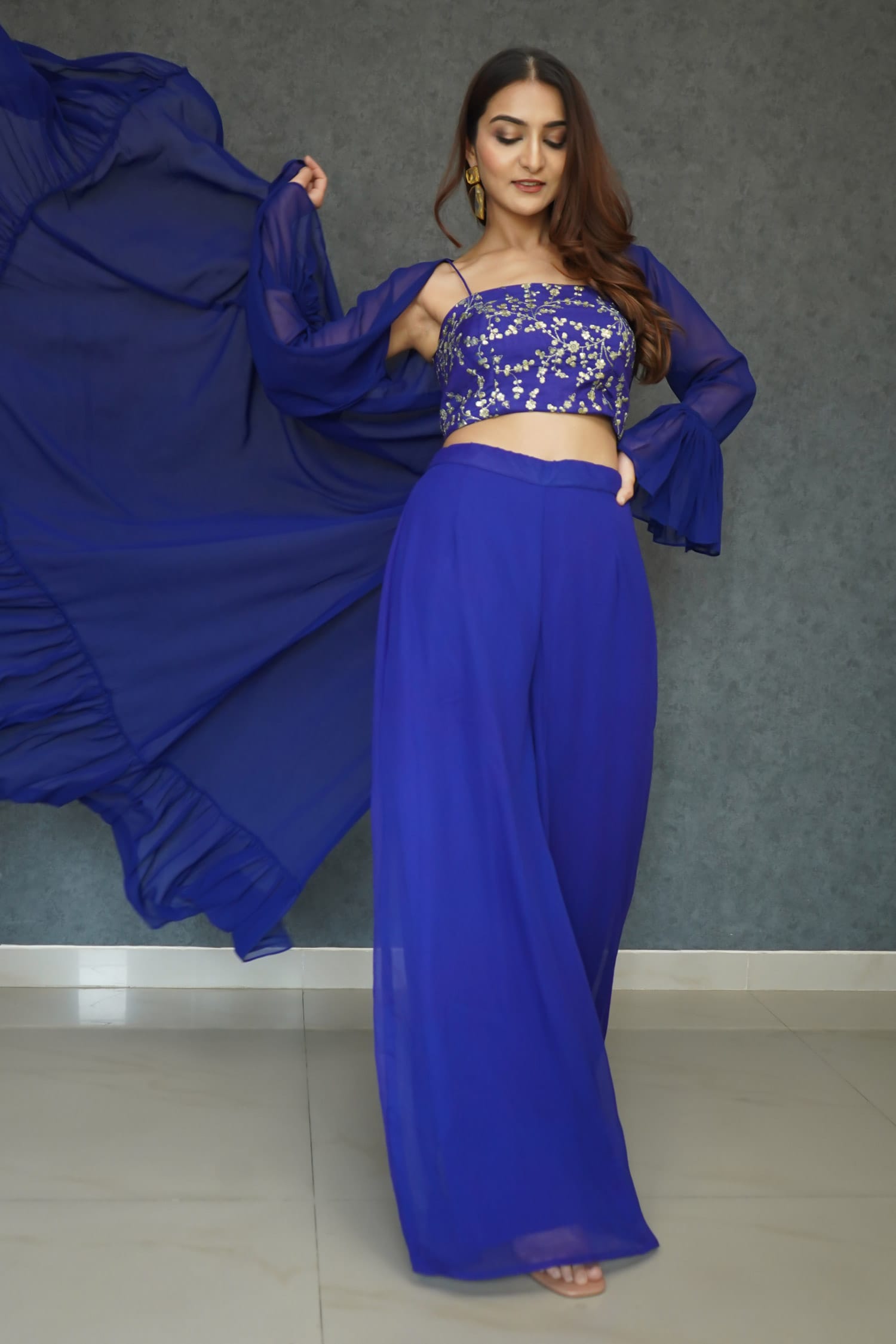 Buy Blue Georgette Embroidery Floral Top Square Neck Ruffled Jacket Pant Set For Women by ...