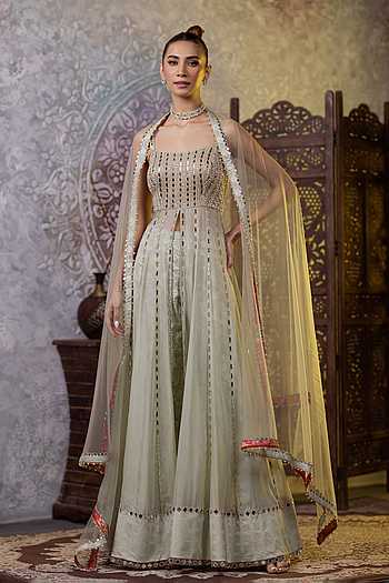 Buy Green Organza Embroidered Mirror Square Neck Anarkali Pant Set For ...
