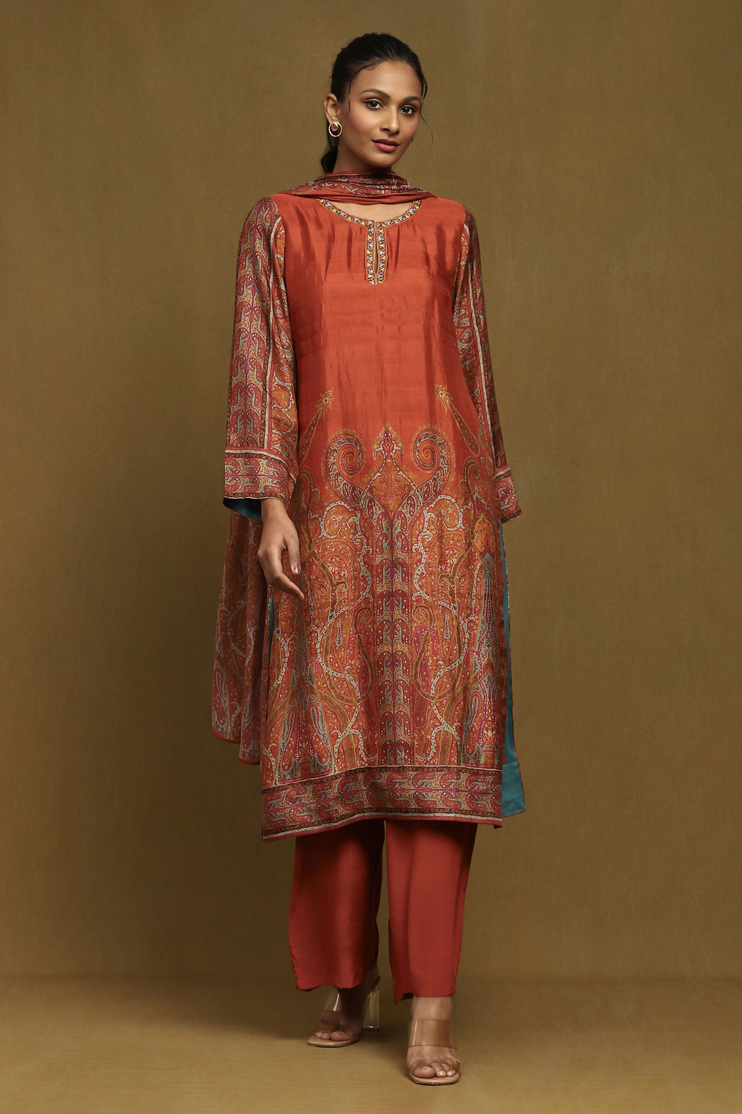 Buy Orange Kurta Silk Print Joshika Round Neck Pant Set For Women by Ritu Kumar Online at Aza ...