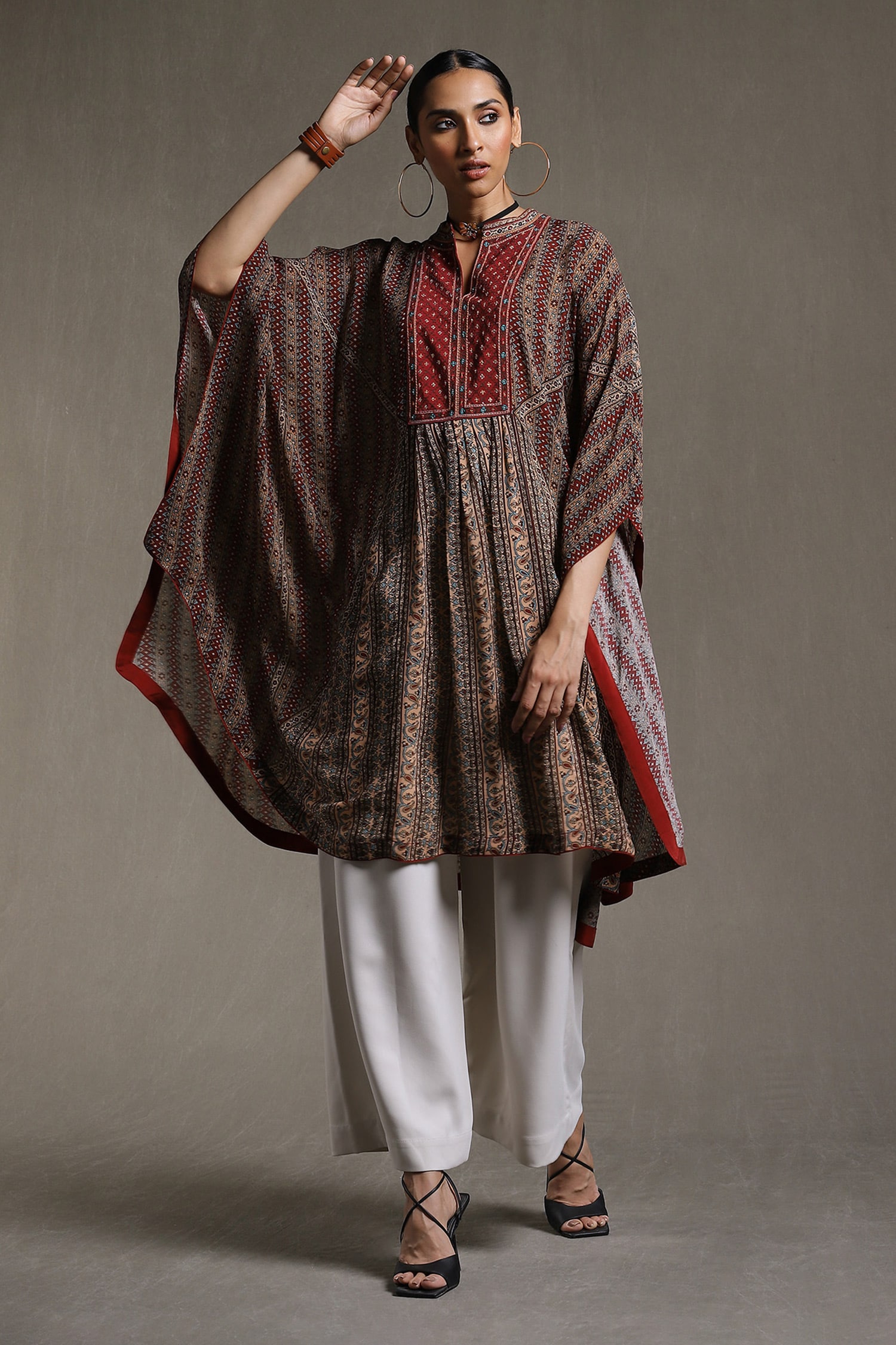 Buy Beige Rayon Crepe Printed Stripe Mandarin Collar Kurta For Women by Ritu Kumar Online at Aza ...