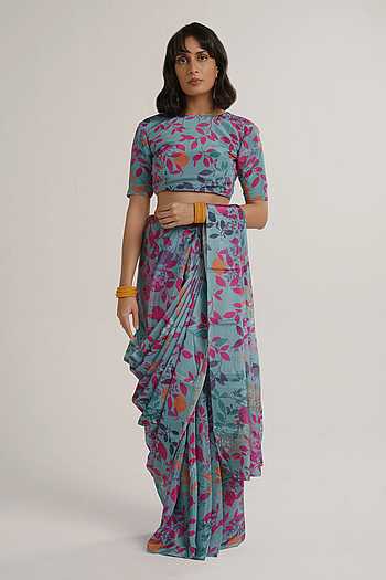 Buy Blue Crepe Silk Print Hydrangea Closed Round Saree With Blouse For ...