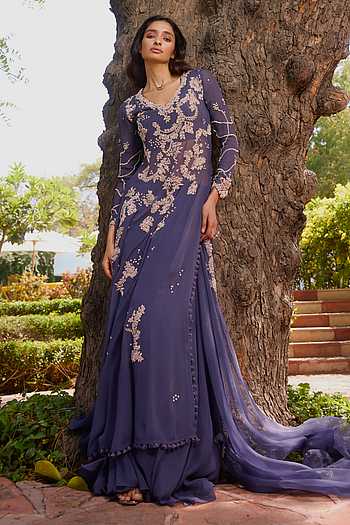 Buy Purple Chiffon Embroidered Kamdani V-neck Isla Zardozi Kalidar ...