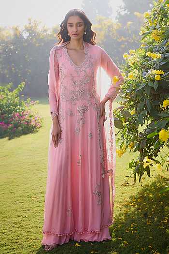Buy Pink Chiffon Embroidered Kamdani V-neck Amber Floral Kalidar ...