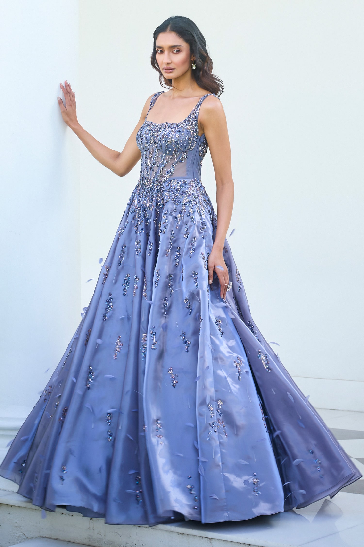 Buy Purple Organza Embroidery Sequins Square Neck Orna Gown For Women ...