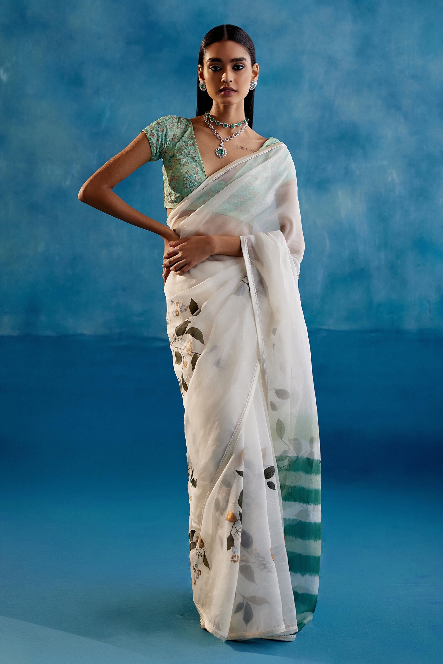 Buy Green Silk Organza Leheriya Ivy Bloom Glass Neck Hand Painted Saree ...