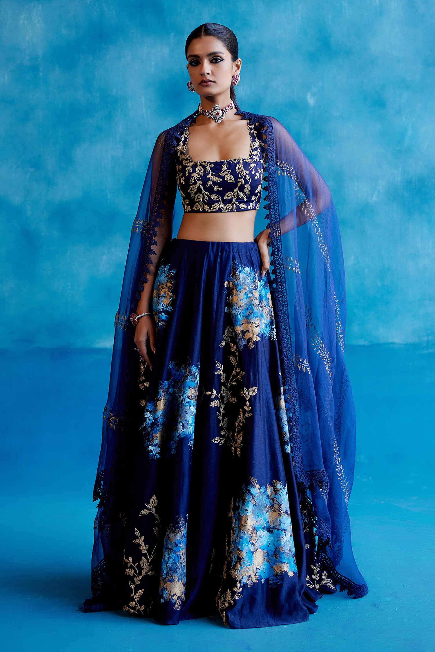 Buy Blue Silk Chanderi Hand Painted Zari Square Embroidered Lehenga Set ...