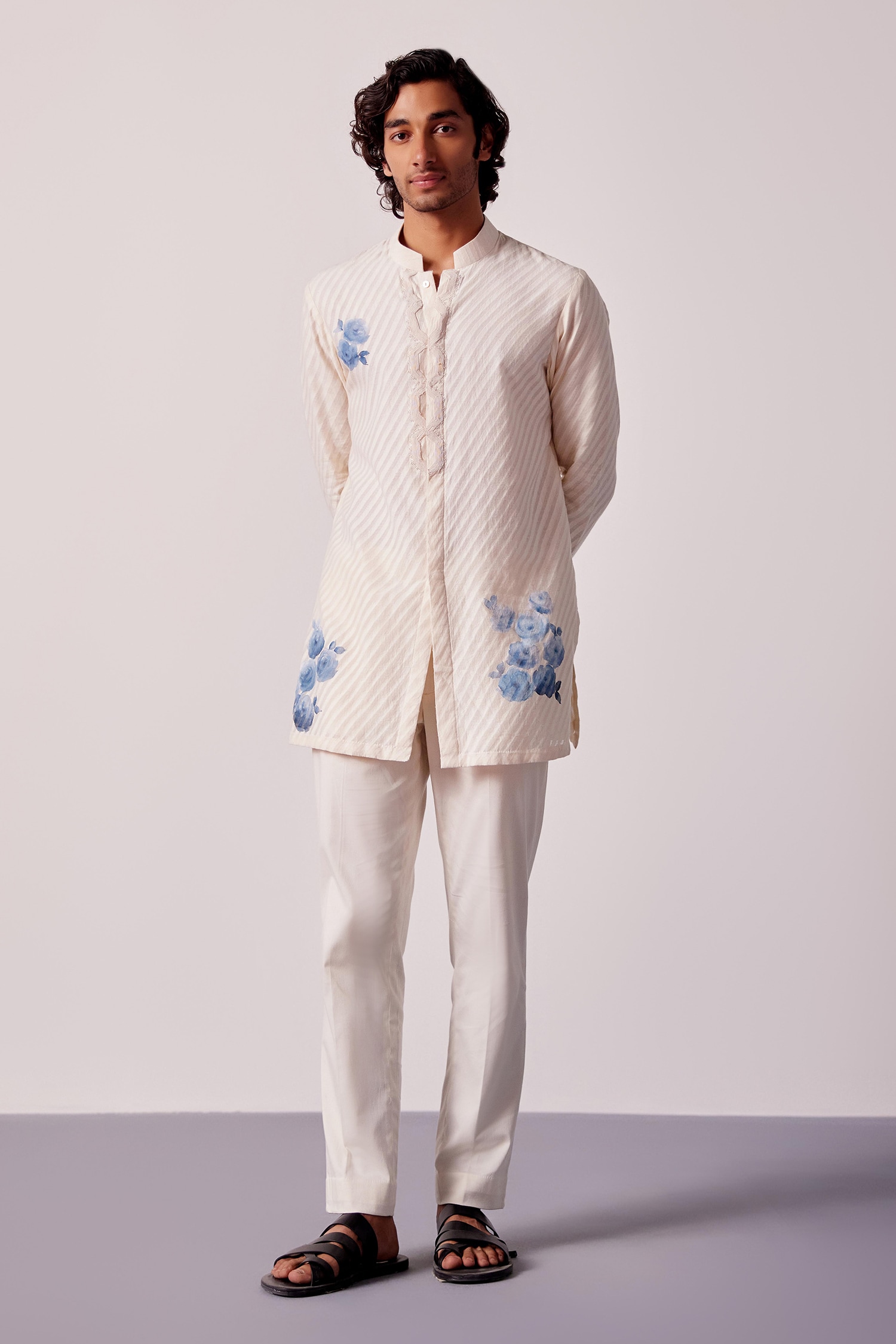 Buy Ivory Woven Silk Hand Painted Kurta And Slim Pant Set For Men by ...