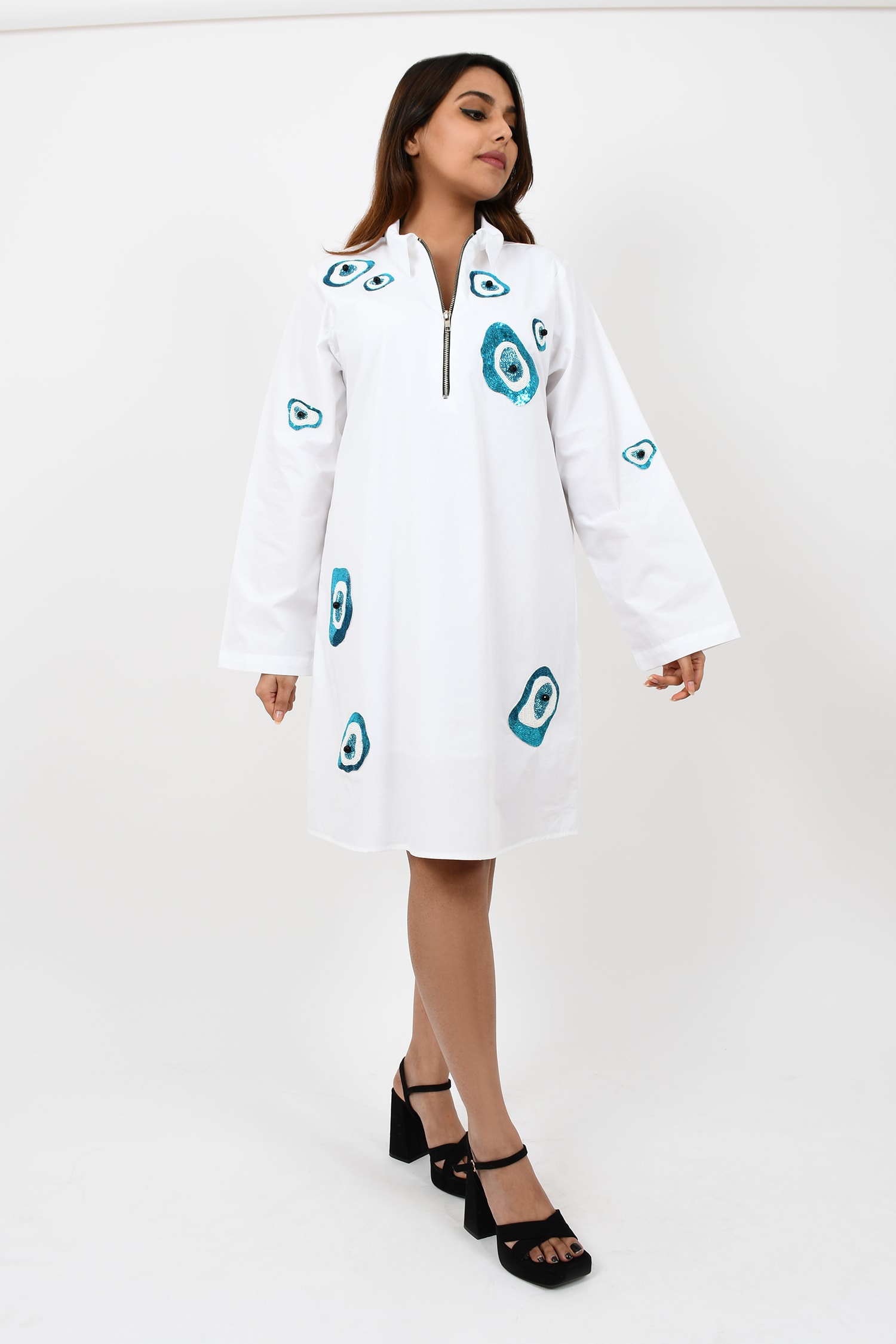 Buy White Cotton Hand Embroidery Abstract Evil Eye Collared Dress For ...