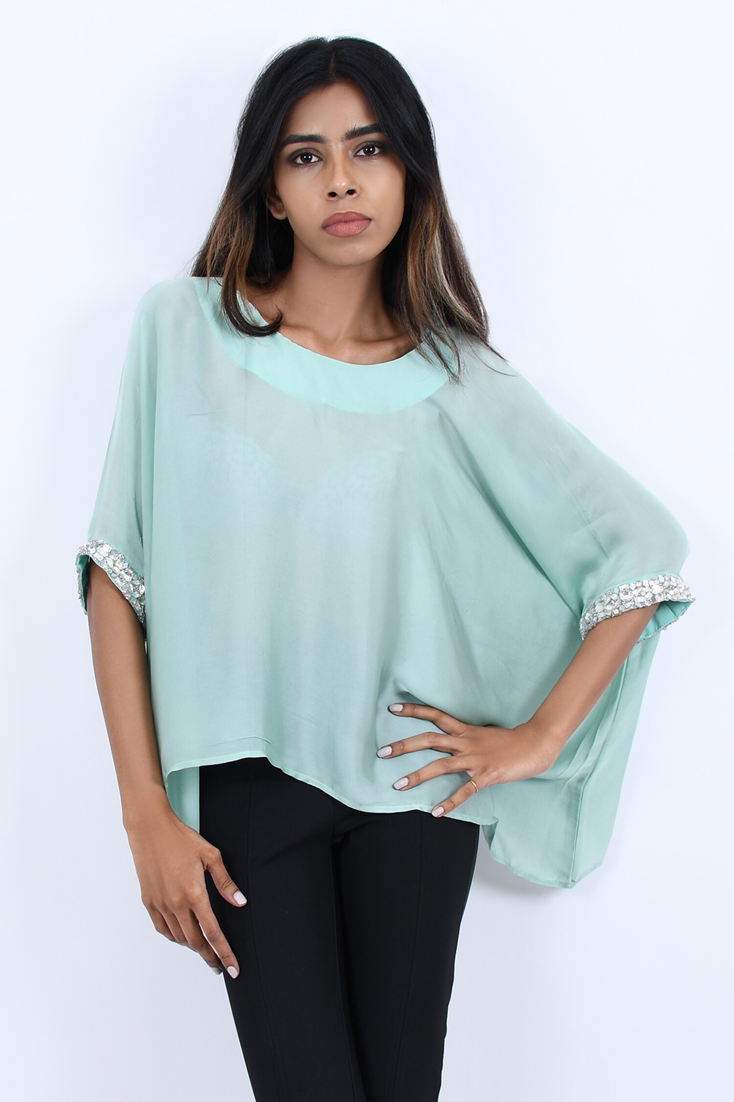 Buy Blue Satin Hand Embroidered Stones Round Cuff Poncho Top For Women ...