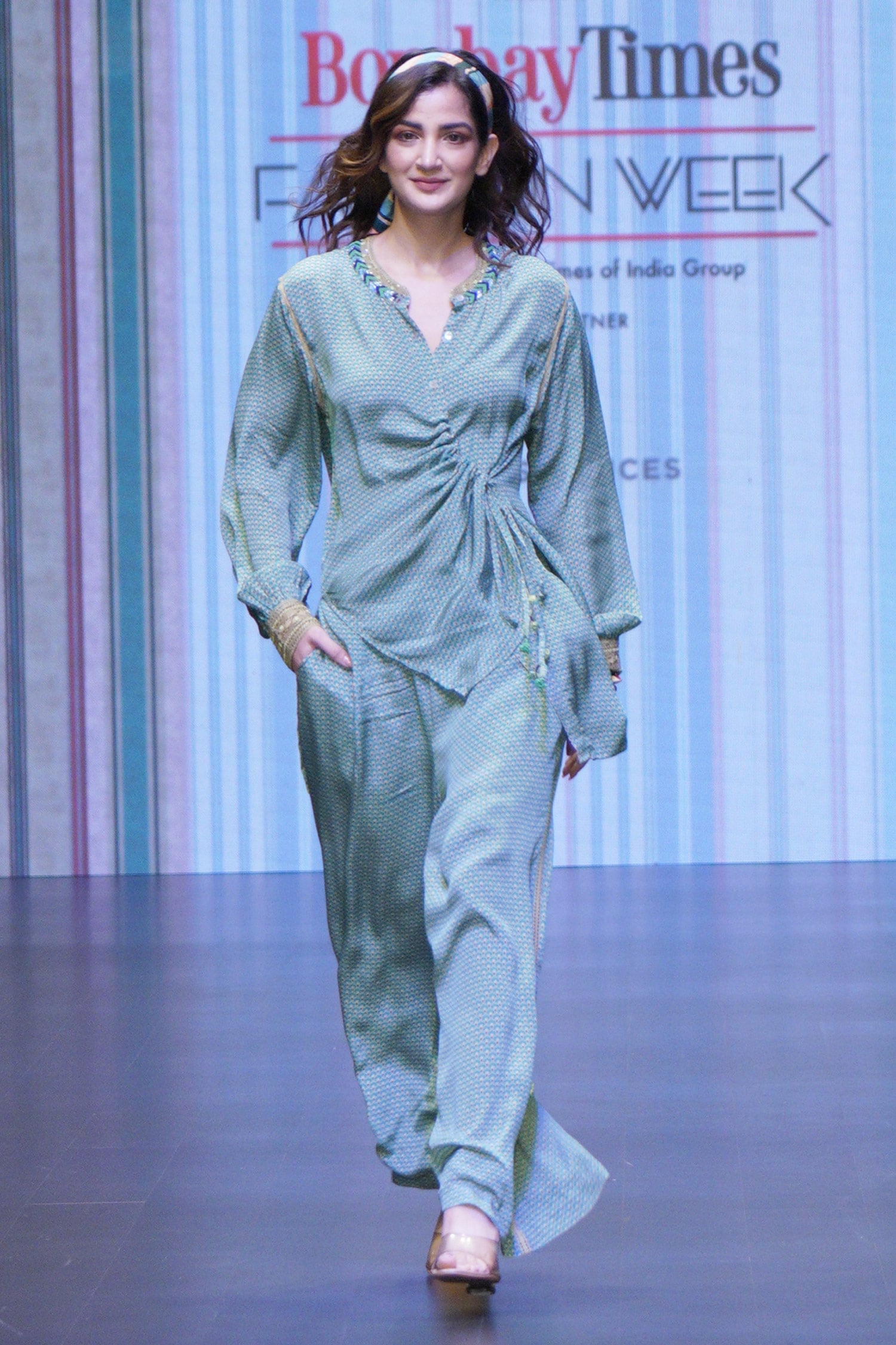 Buy Green Crepe Printed Floral Band Collar Basil Top And Pant Set For ...