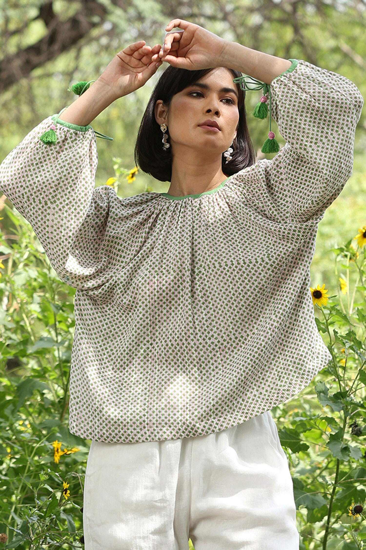 Buy White Cotton Hand Block Print Diamond Butti Round Neck Top For ...