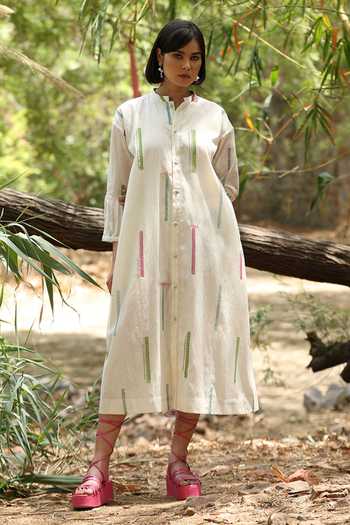 Buy White Chanderi Silk Embroidered Strip Mandarin Collar Kantha Hand ...
