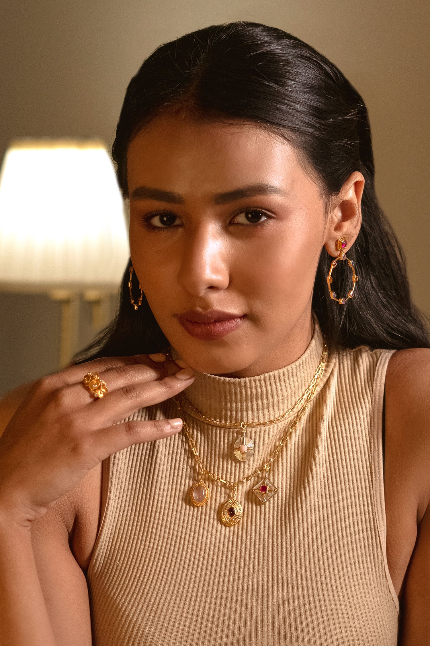 Buy Gold Plated Natural Amethyst Gemstone Embellished Hoops by Ruuh ...