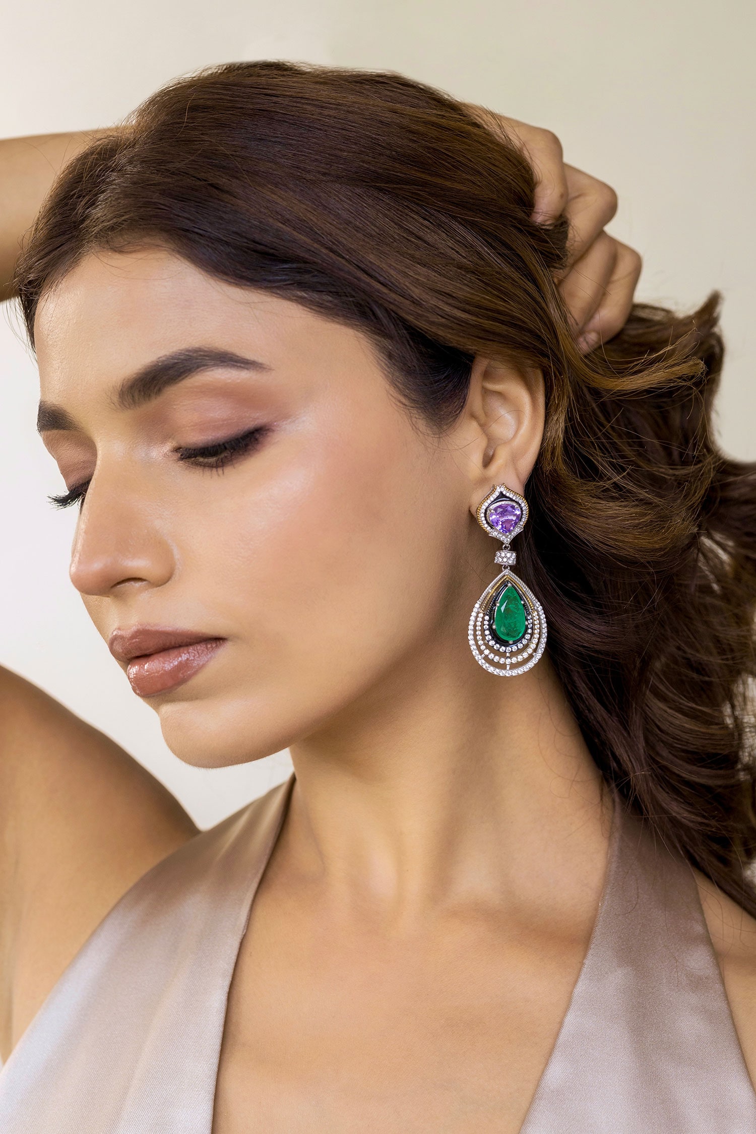 Buy Gold Plated Natural Amethyst Mayuri Tear Drop Carved Danglers by ...