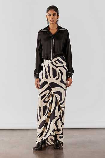 Buy Black Vegan Silk Print Chestnut Collar Draped Maxi Shirt Dress For ...