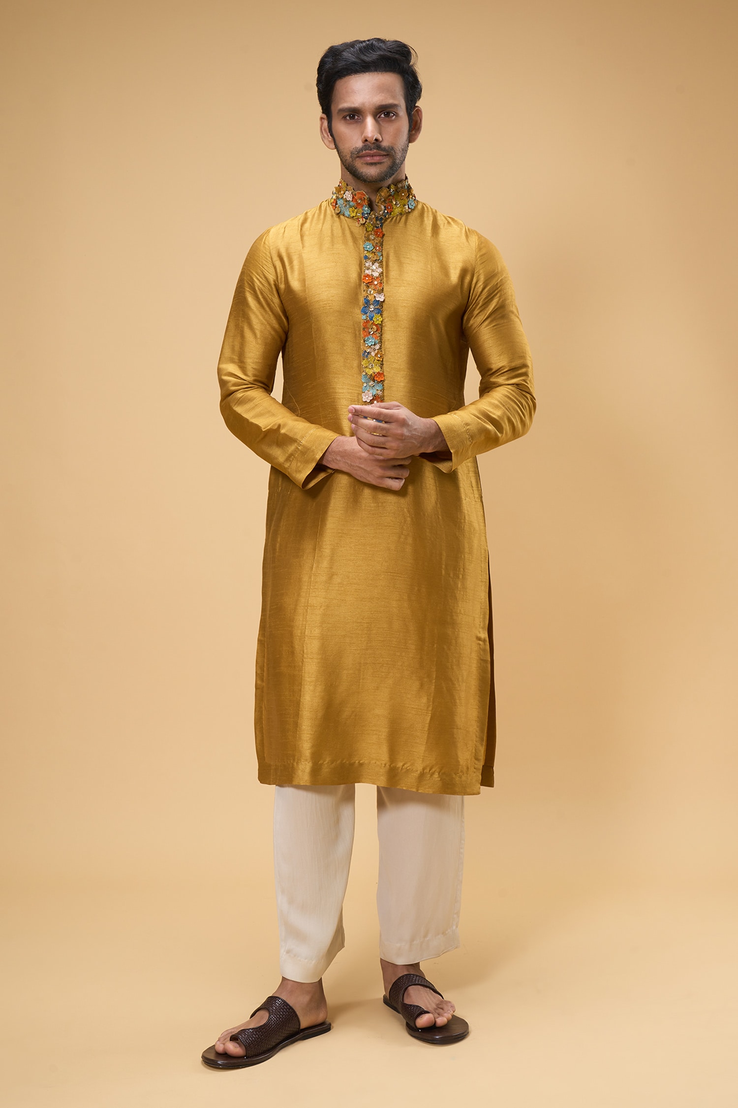 Buy Gold Rawsilk Embellished Applique Placed Floral Kurta With Pant For ...