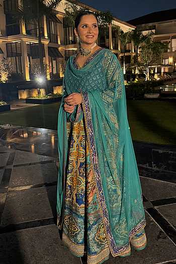 Buy Blue Anarkali Raw Silk Print Beads Round Jannat Adda Embroidered ...
