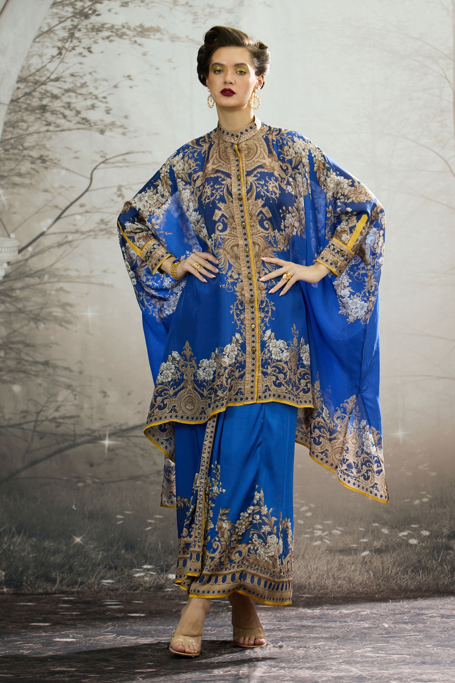 Buy Blue Silk Print Floral Band Collar Dakota Regal Box Tunic For Women ...