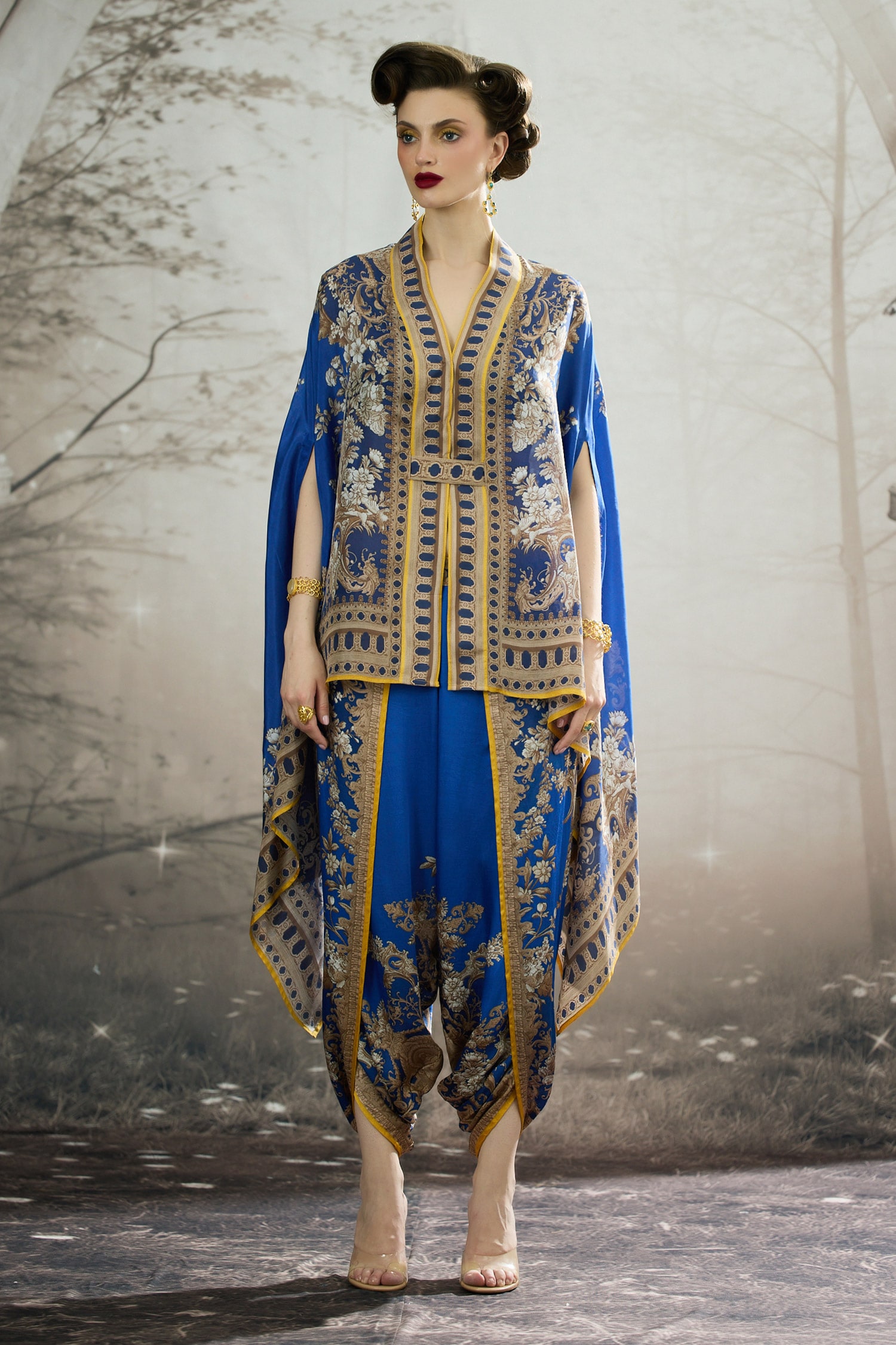 Buy Blue Silk Print Floral V Neck Chloe Regal Cape For Women by Rajdeep ...