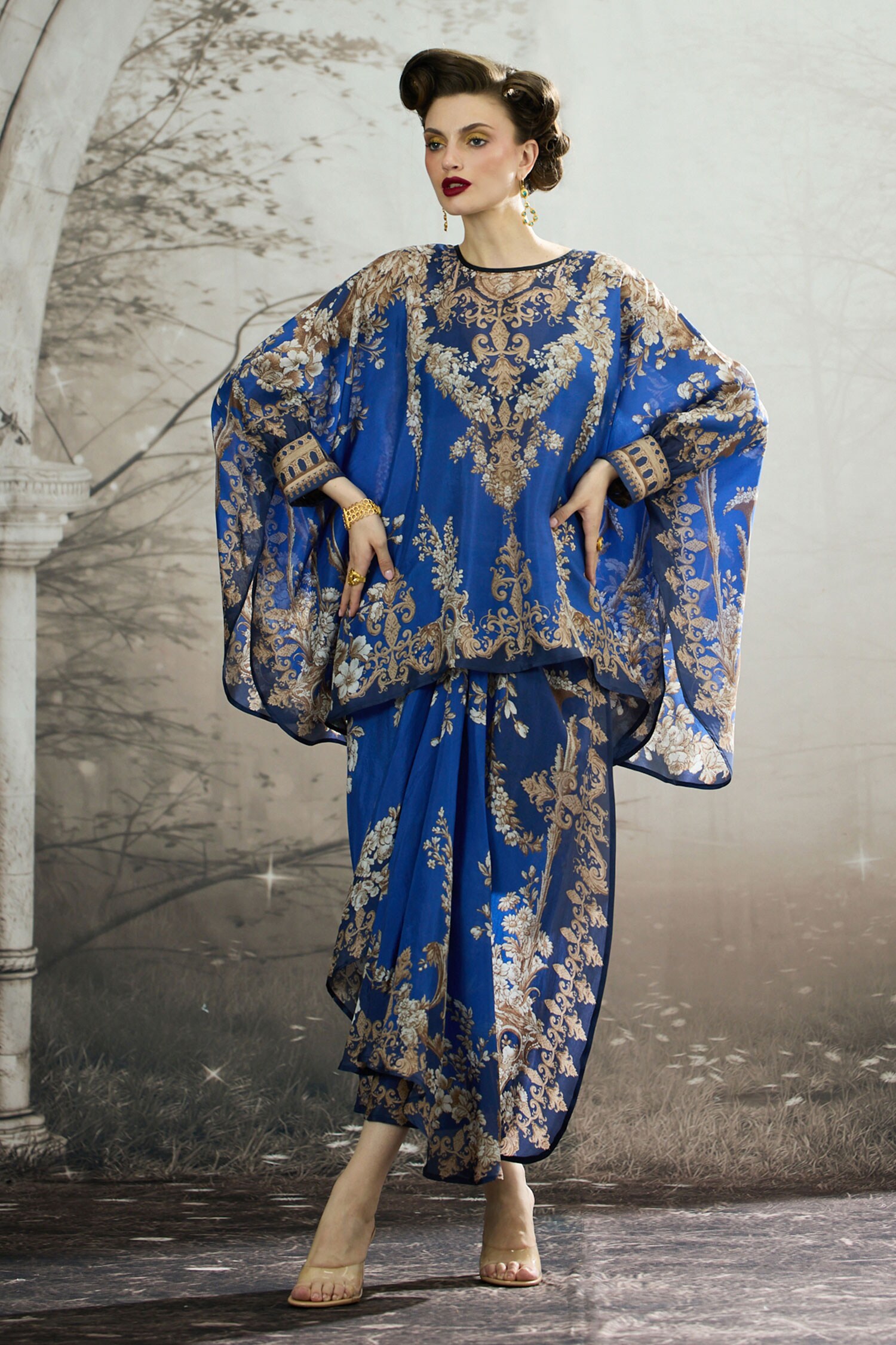 Buy Blue Silk Print Regal Floral Round Neck Colette Tunic With Draped ...