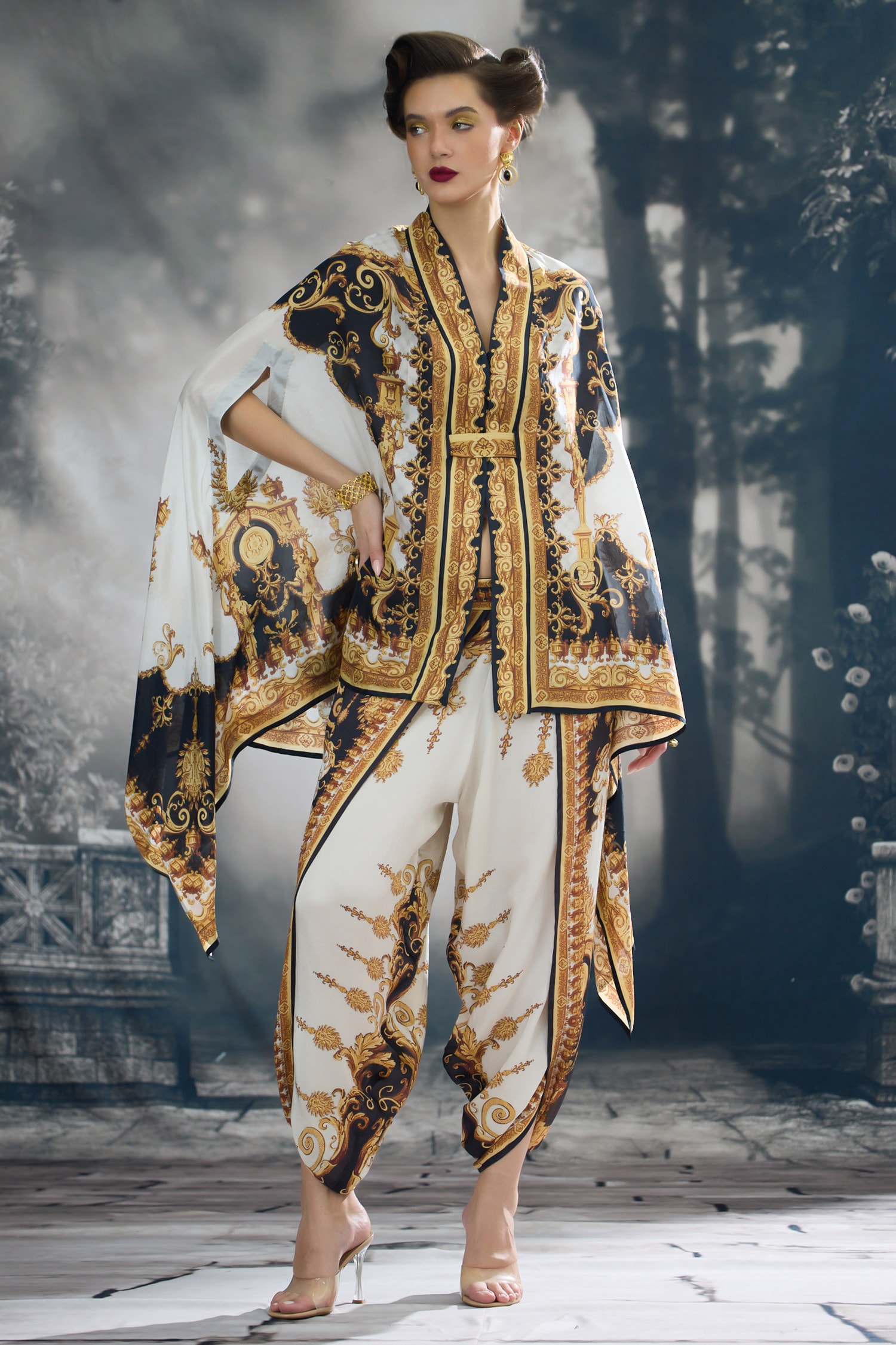 Buy Black Silk Print Regal V Neck Chloe Cape For Women by Rajdeep ...