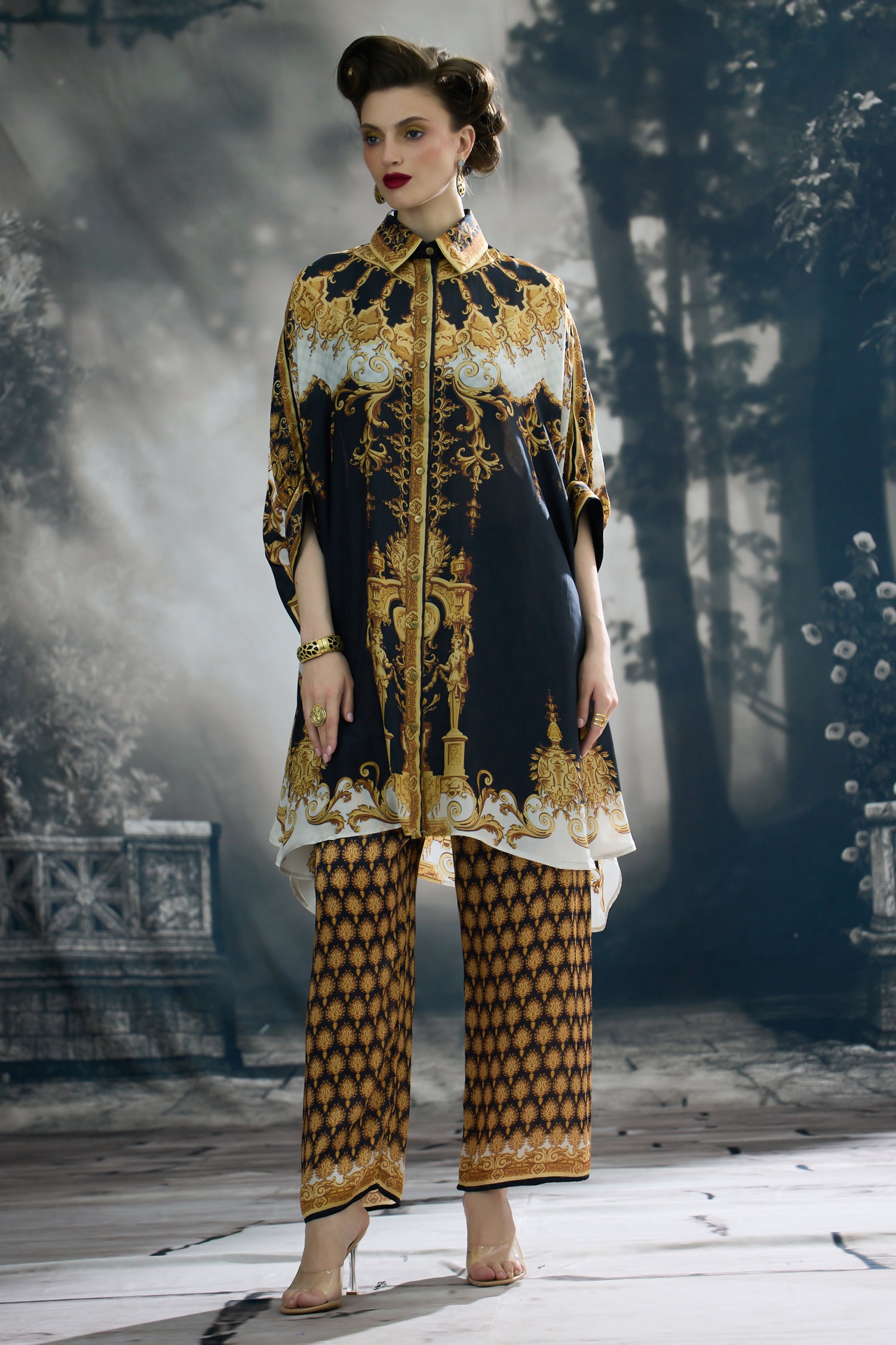 Buy Black Silk Print Regal Collared Neck Kamara Tunic For Women by ...