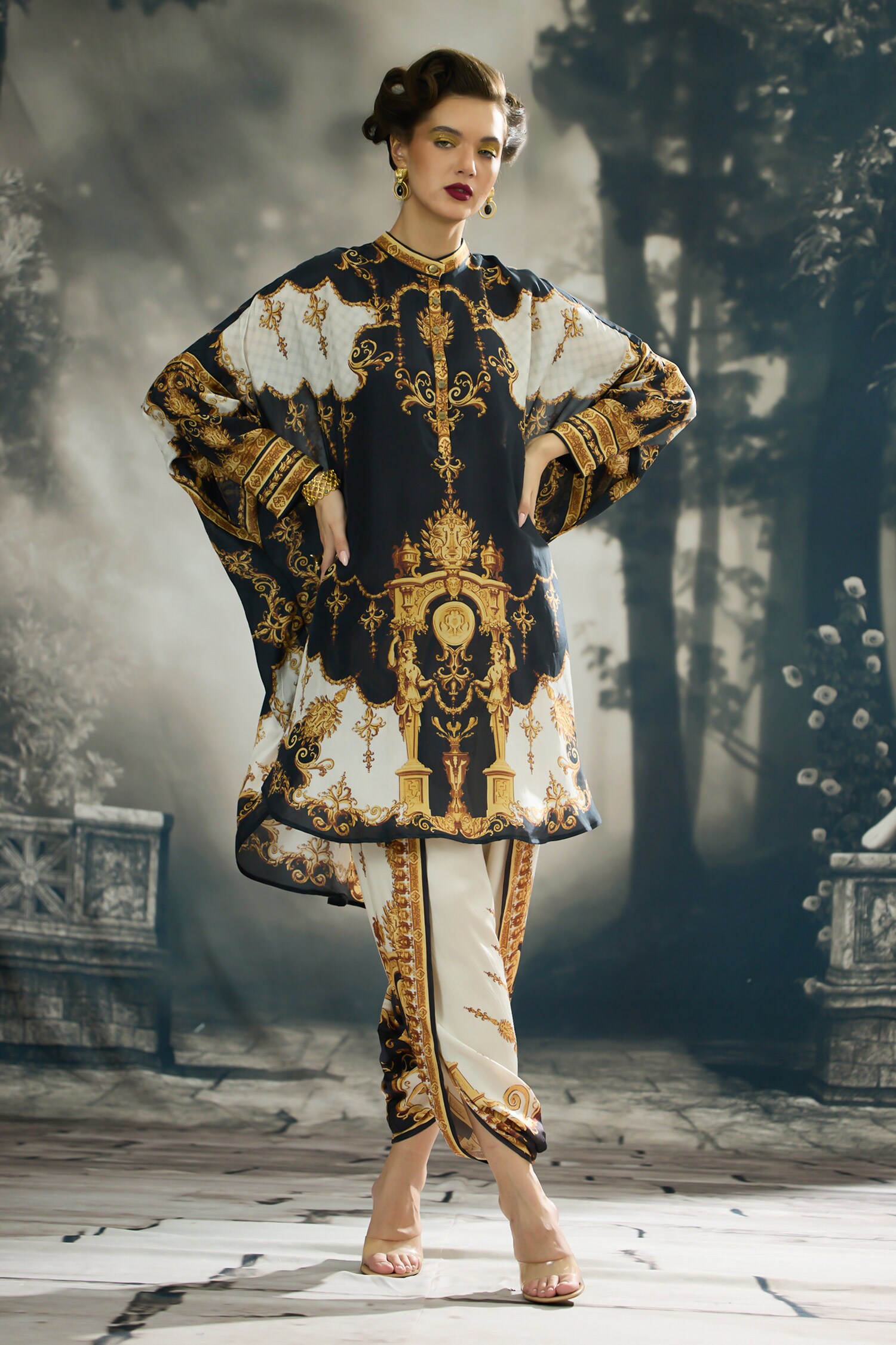 Buy Black Silk Print Regal Collared Neck Mabel Tunic For Women by ...