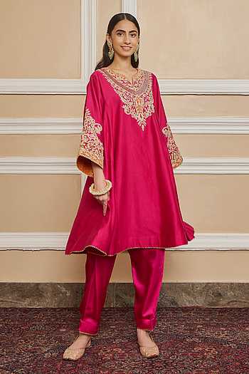Buy Pink Kurta Silk Chanderi Embroidery Kashmiri Tilla Mehnoor And ...