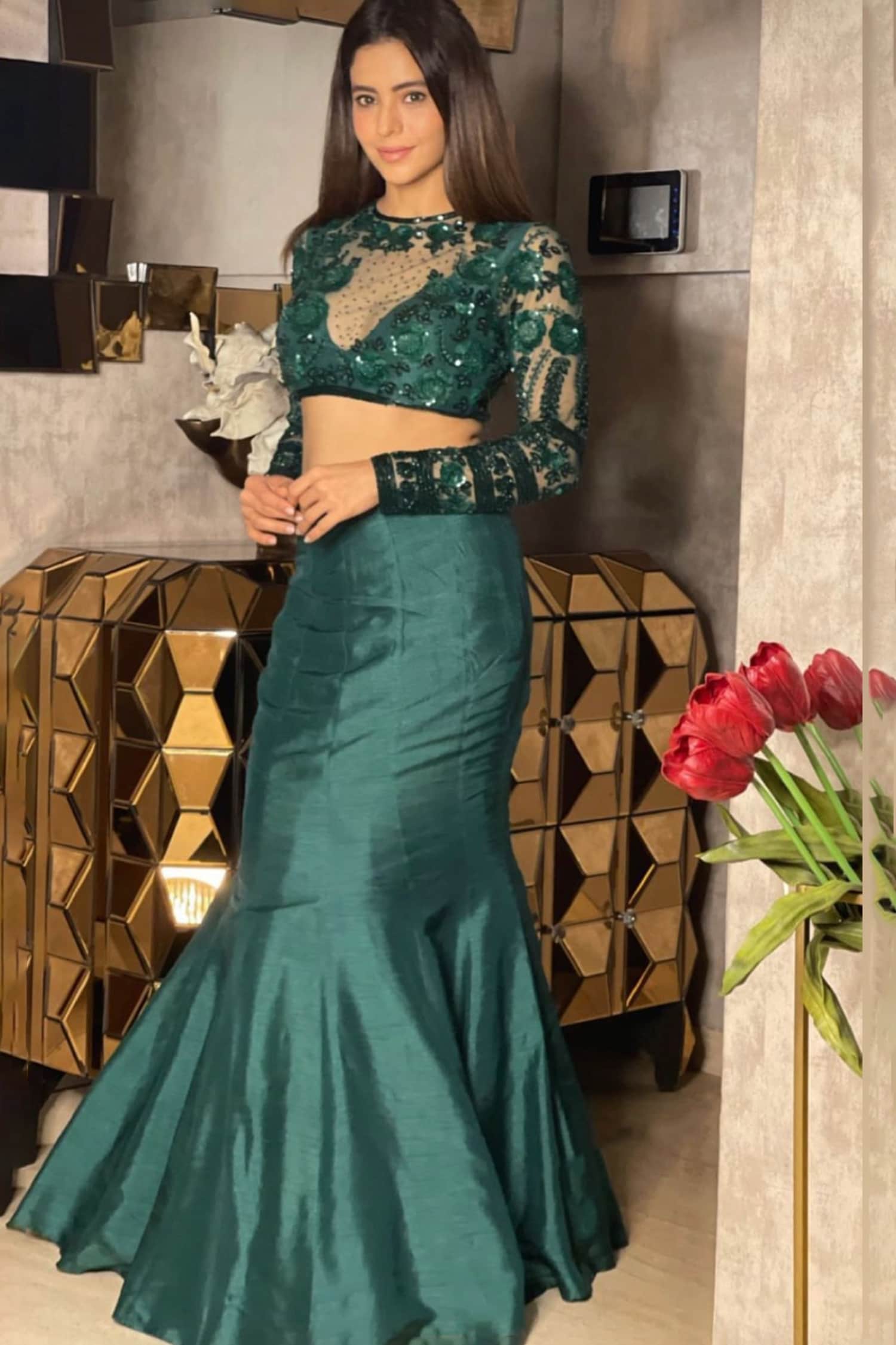 Buy Green Tulle Embroidery Sequin Round Neck Floral Blouse And Mermaid ...