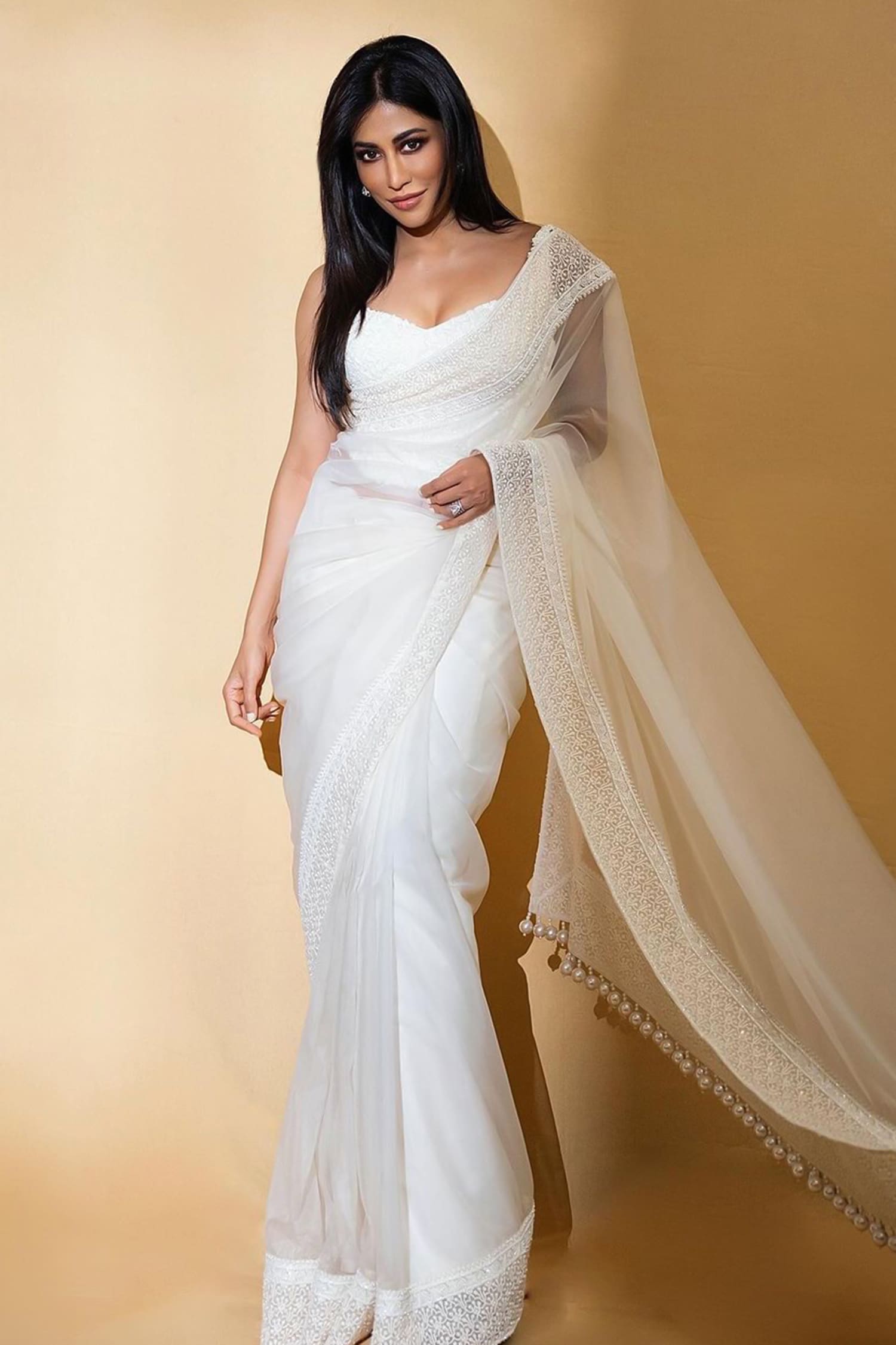 Buy White Tulle Embroidery Sequin Sweetheart Pearl Border Saree With ...
