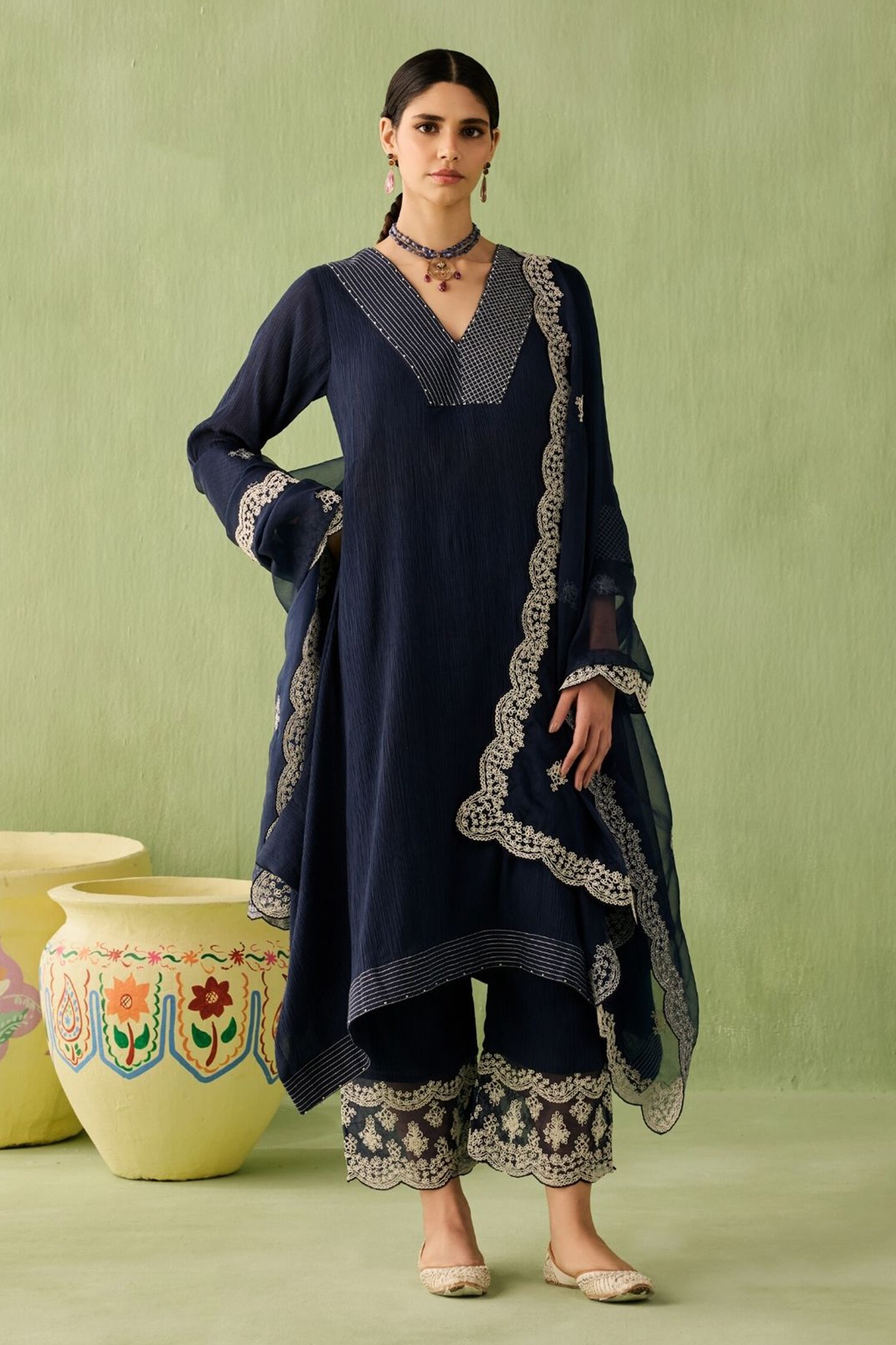 Buy Blue Cotton Gauze Embroidered Thread Work V Neck Waterfall Hemline ...