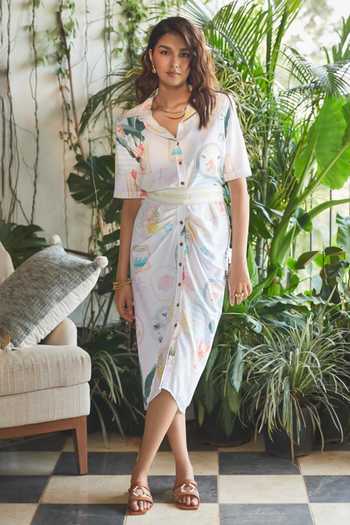 Buy White Stretch Crepe Print Stamp Stand Collar Julie Dress For Women ...