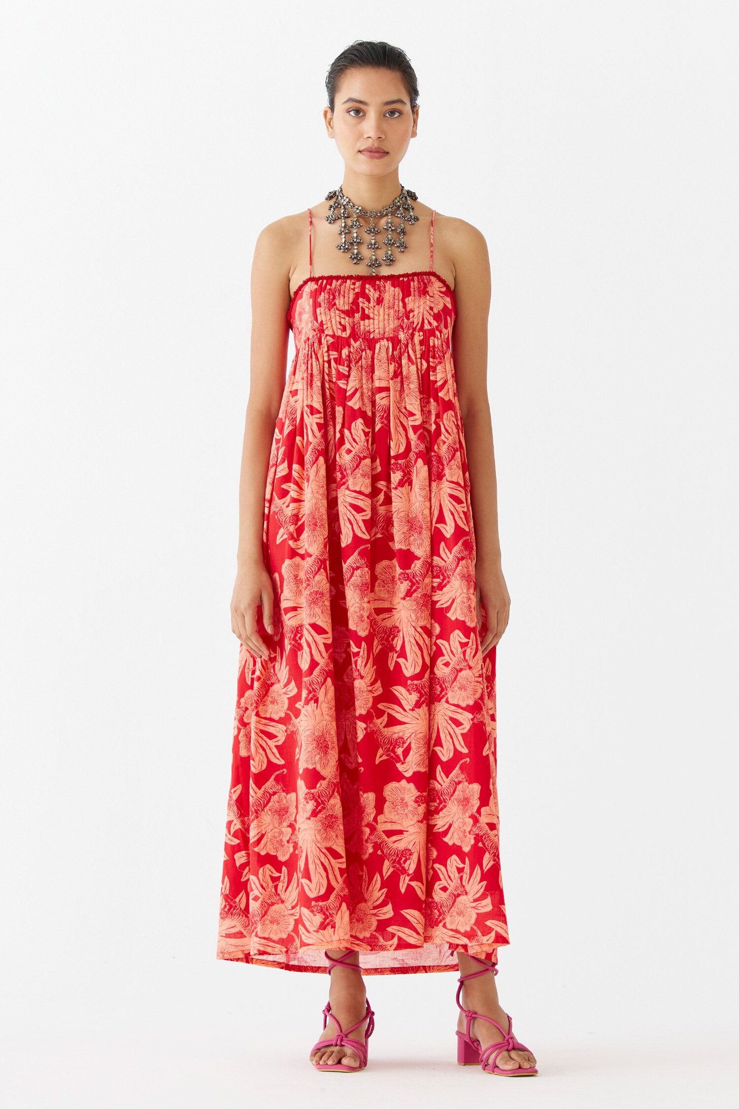 Buy Red 100% Cotton Print Floral Straight Talon Tiger Strappy Dress For ...