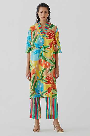 Buy Multi Color 100% Cotton Embellished Sequin Gir Floral Print Kurta ...